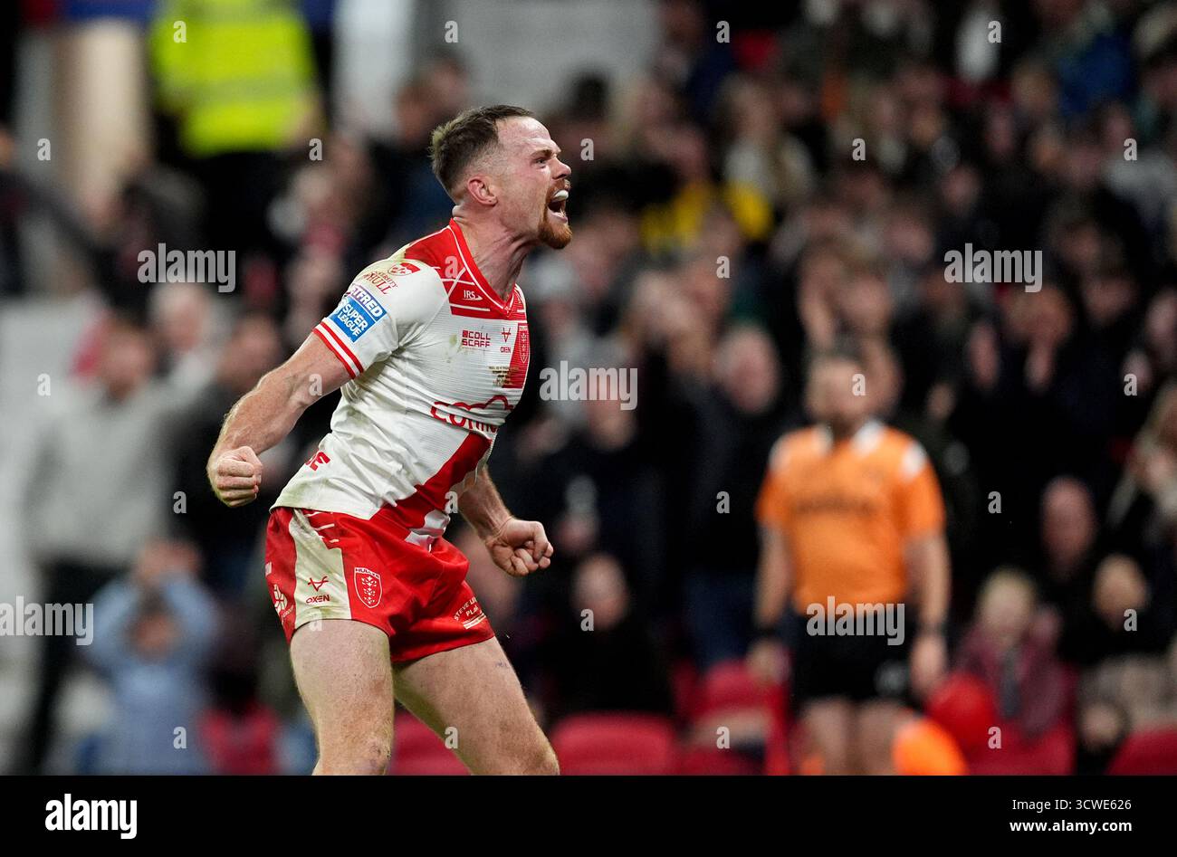 Hull KR's Joe Burgess celebrates after scoring his second try during ...