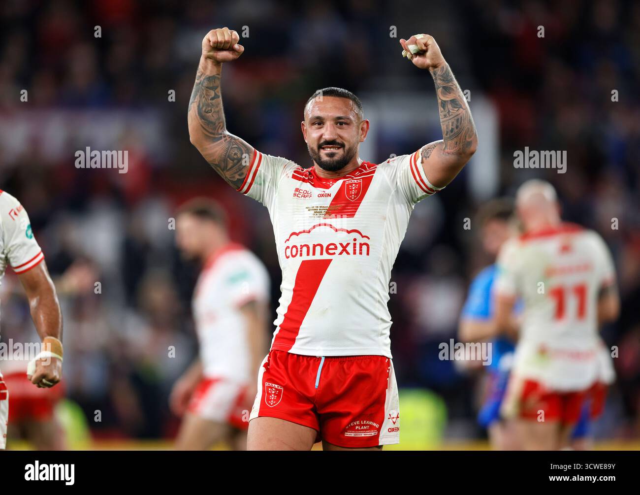 Hull KR's Elliot Minchella celebrates victory following the Betfred ...