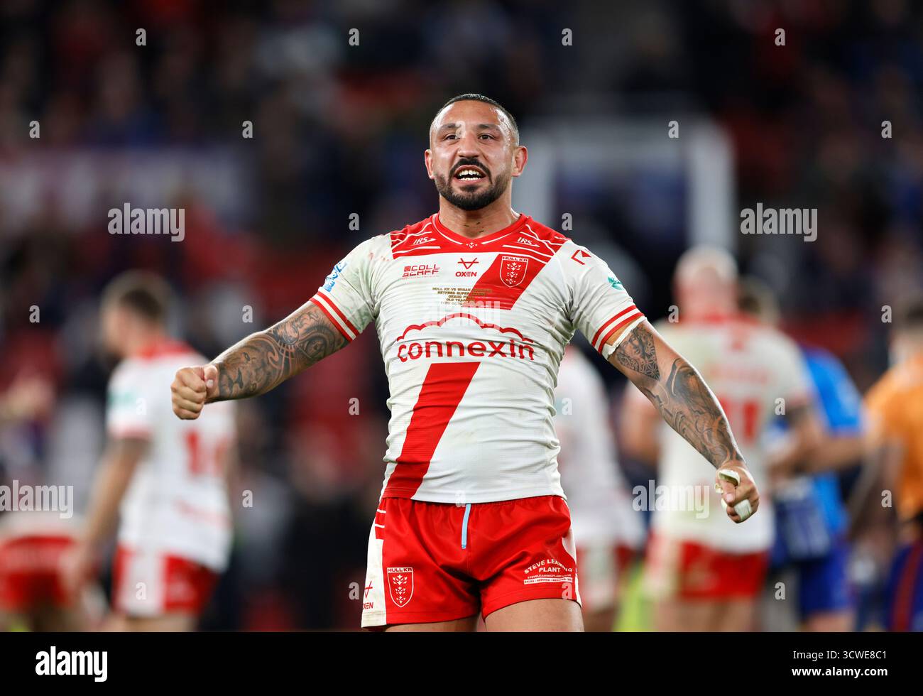 Hull KR's Elliot Minchella celebrates victory following the Betfred ...