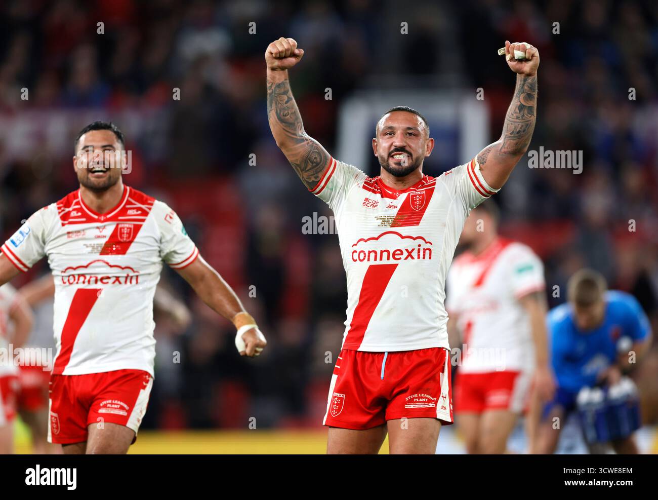 Hull KR's Elliot Minchella celebrates victory following the Betfred ...