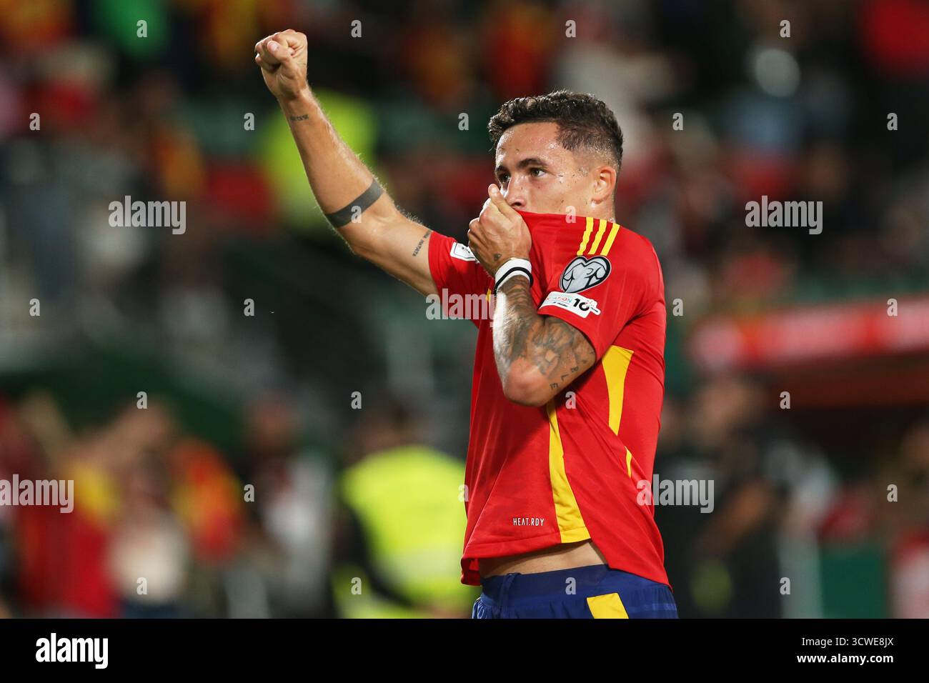 Spain's Yeremy Pino celebrates scoring his side's opening goal during a ...