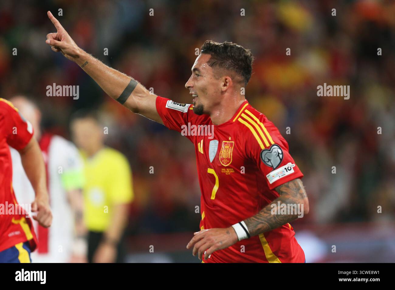 Spain's Yeremy Pino celebrates scoring his side's opening goal during a ...