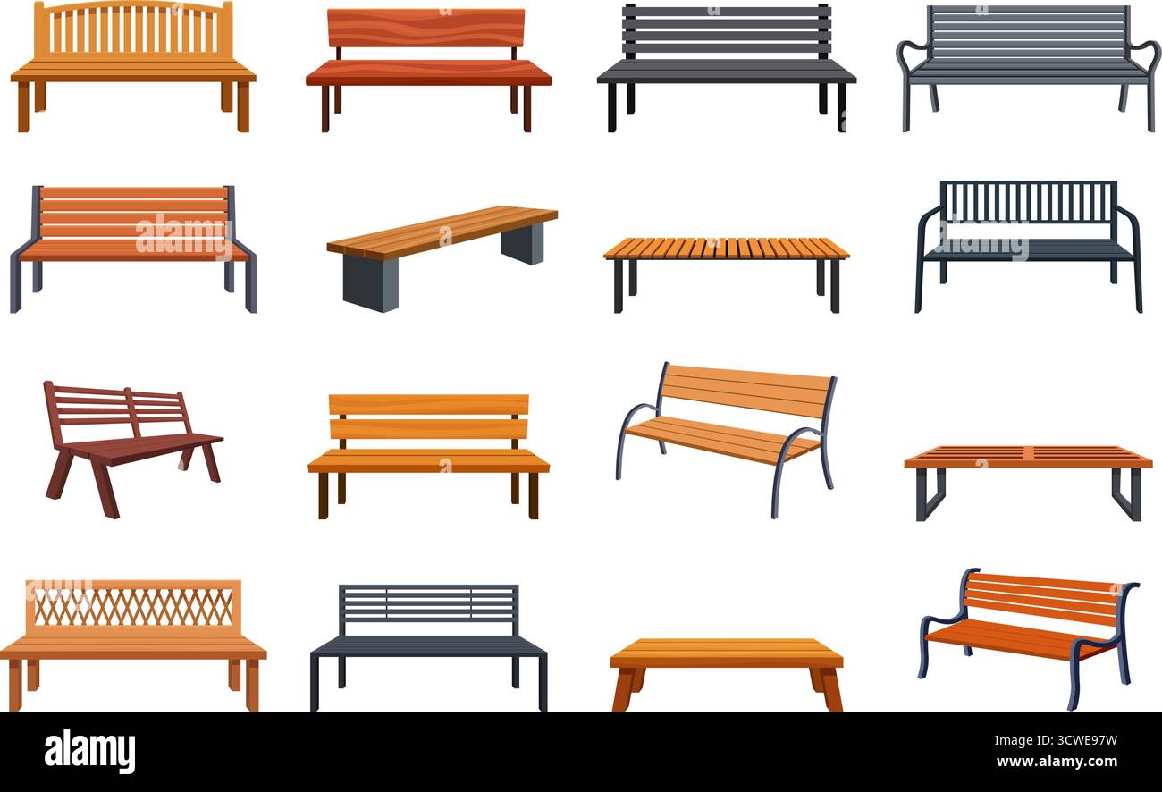 Cartoon benches. Wooden metal bench for garden, city park, camping ...