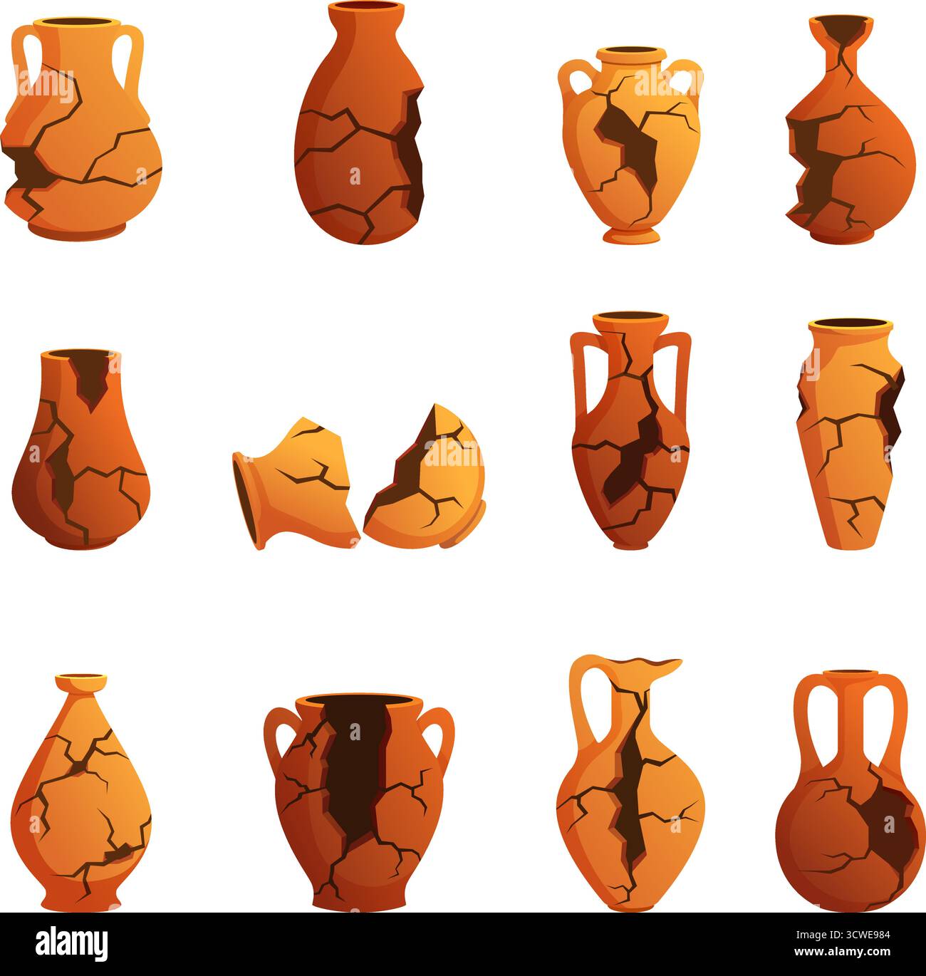 Cartoon broken clay pots. Antique jugs, various shards and ...