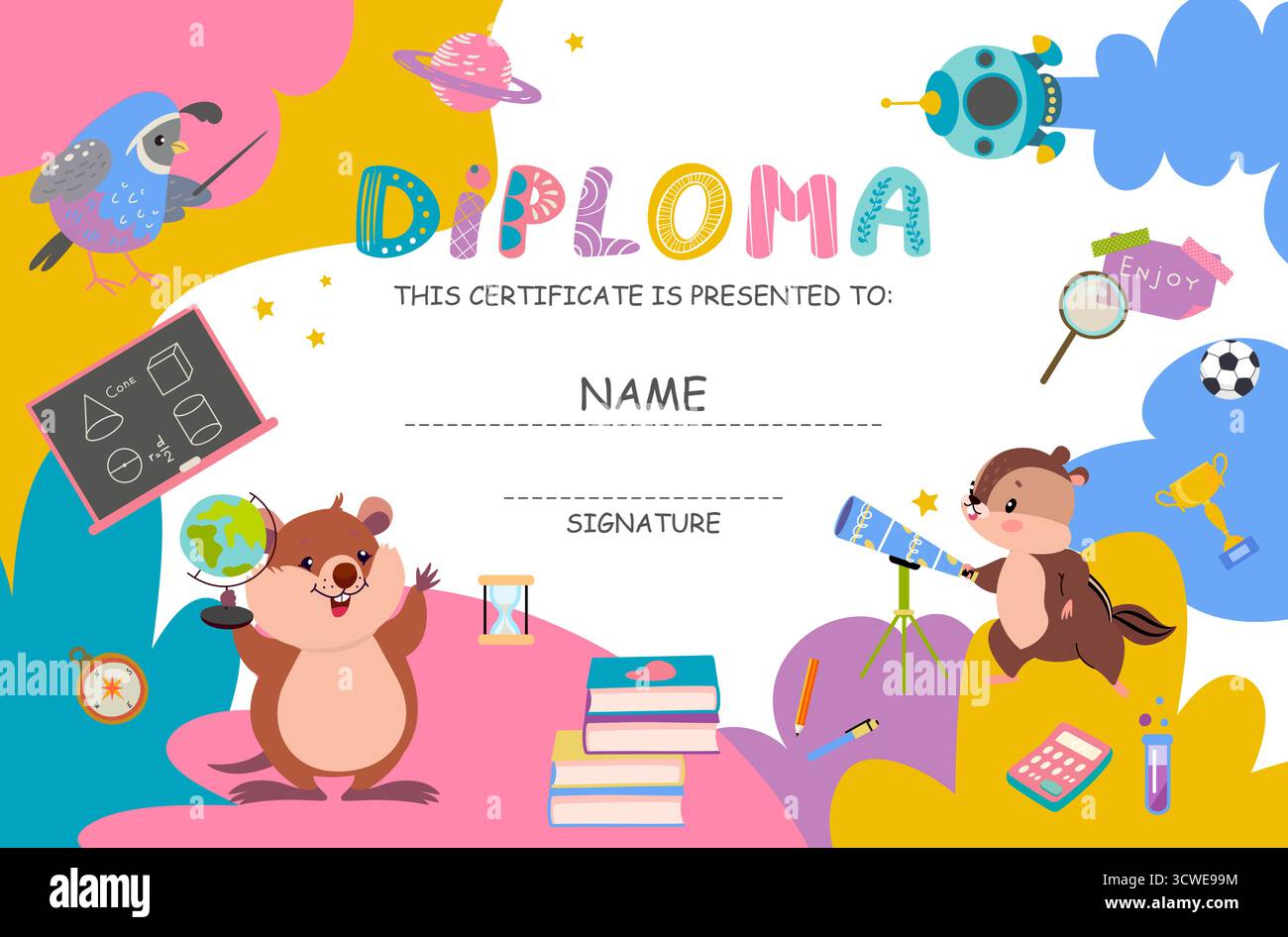 Children diploma certificate. Childish competition award template with ...