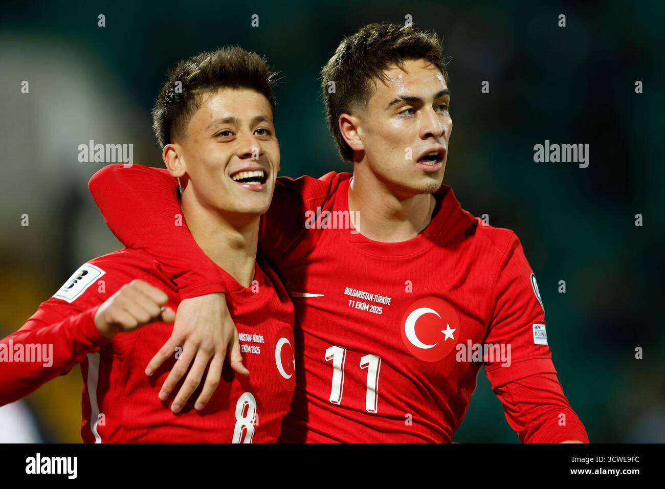 Turkey's Arda Güler and Kenan Yıldız celebrate their first goal during the World Cup Group E ...