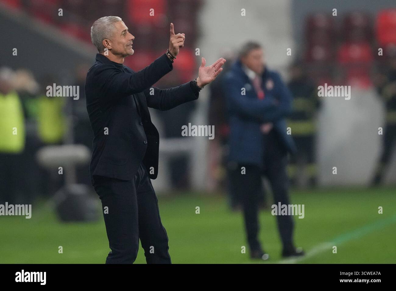 Albania coach Sylvinho gestures during the World Cup Group K qualifying ...