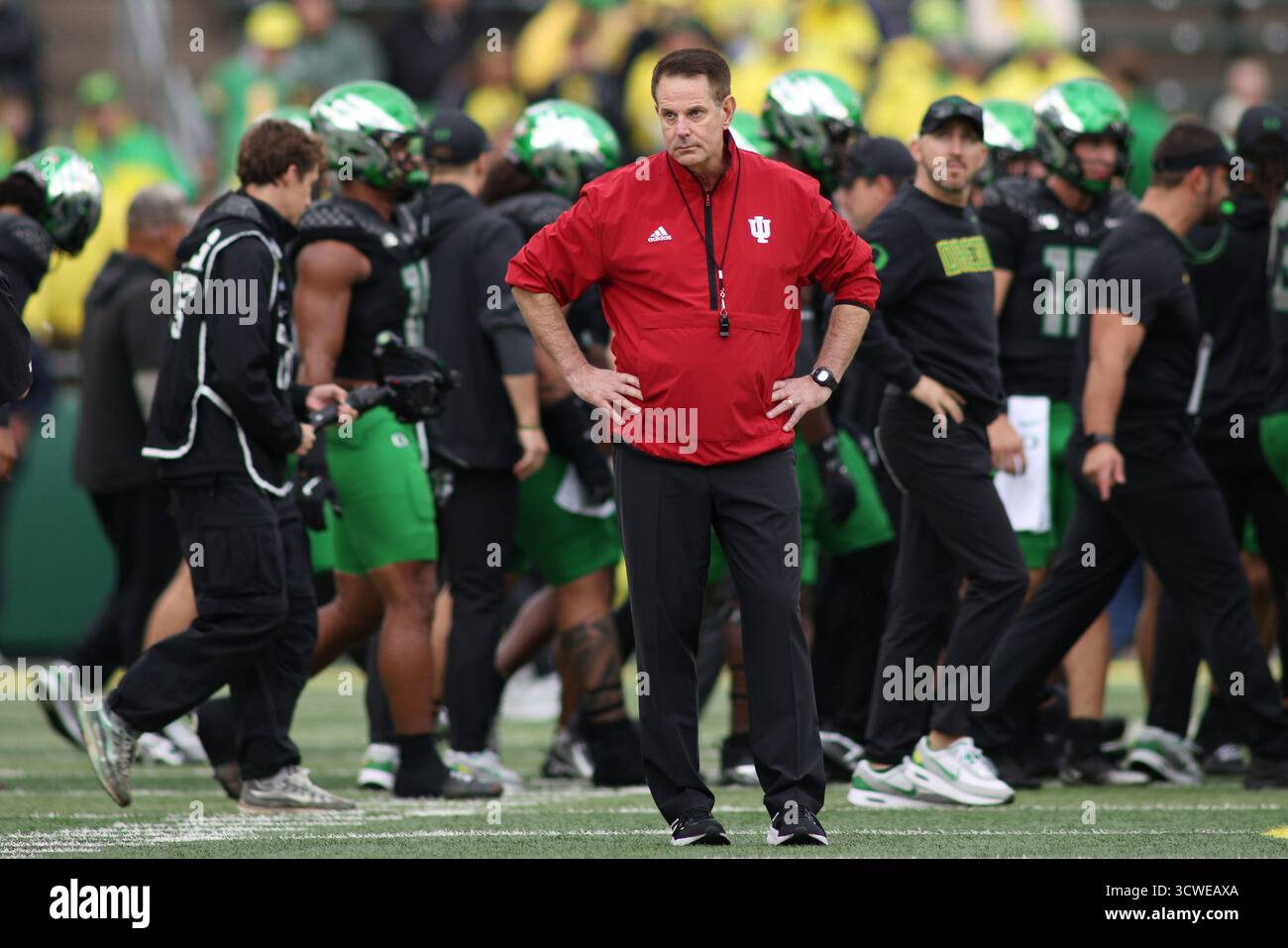 Indiana head coach Curt Cignetti watches warm ups before an NCAA college football game against ...