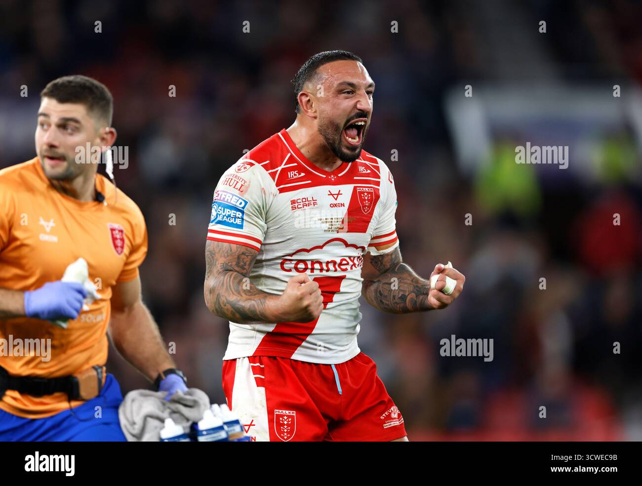 Hull KR's Elliot Minchella (right) celebrates victory following the ...