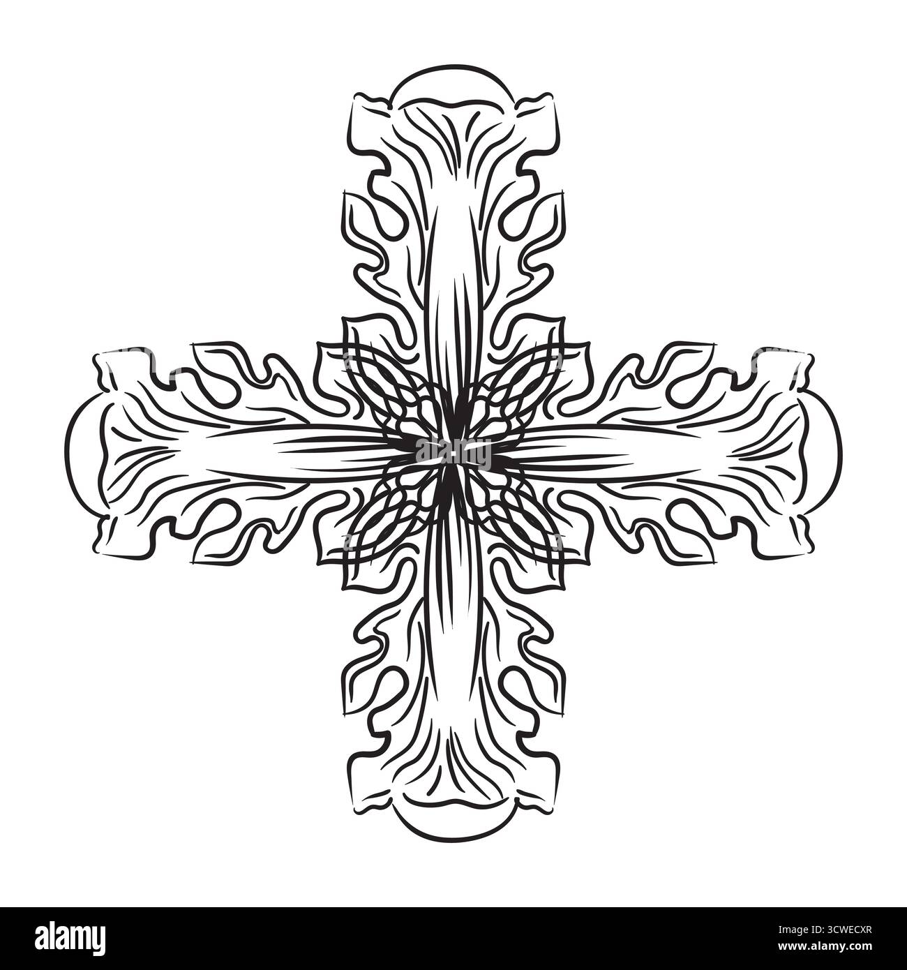 Outline vintage cross hand drawing swirl ornate design element. Baroque ...