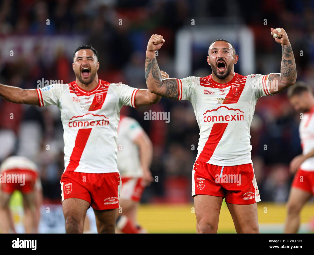 Hull KR's Elliot Minchella (right) celebrates victory following the ...
