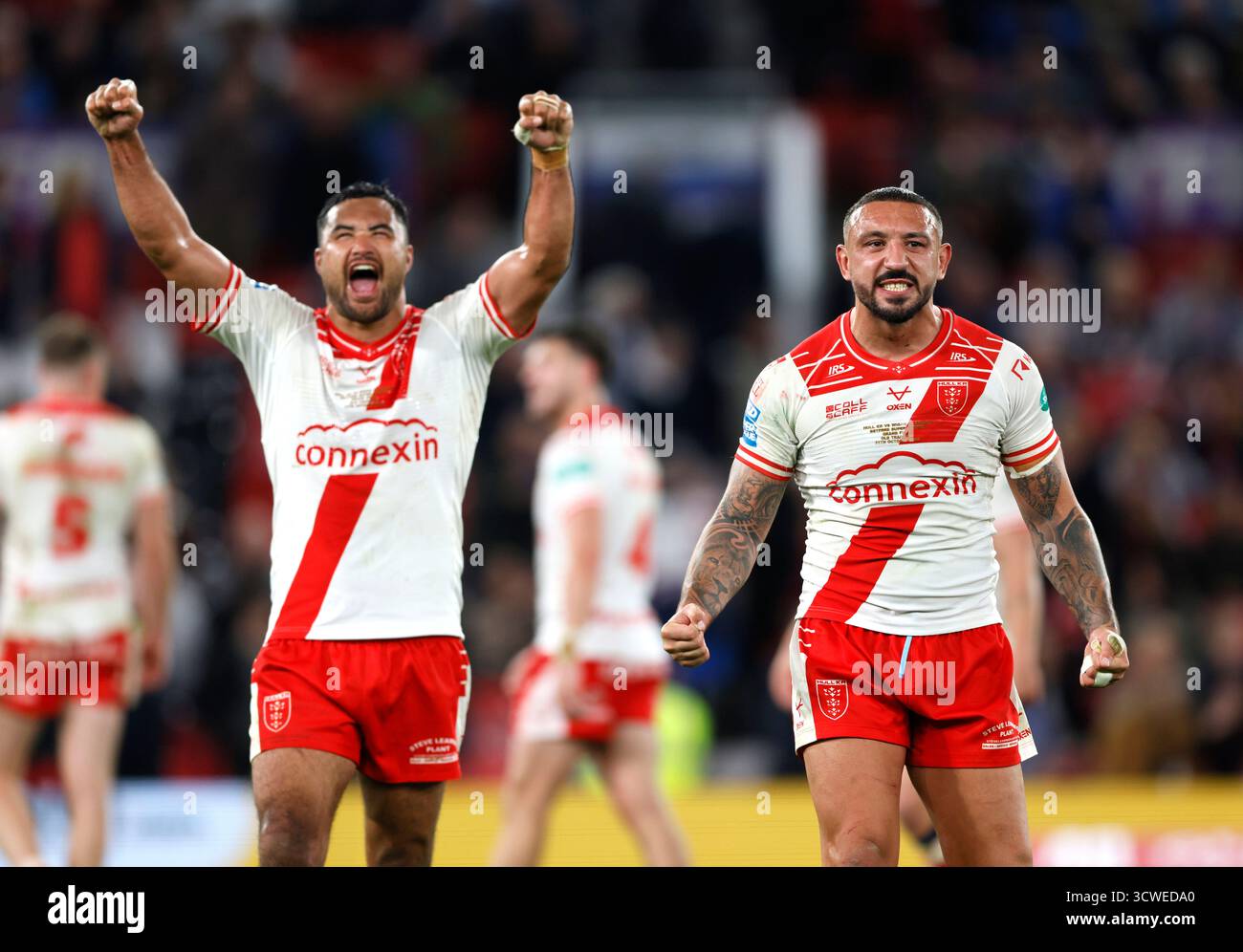 Hull KR's Elliot Minchella (right) celebrates victory following the ...