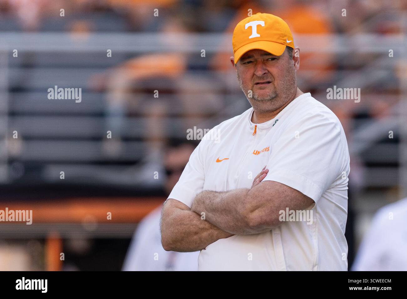 Tennessee head coach Josh Heupel watches his team warm up before an ...