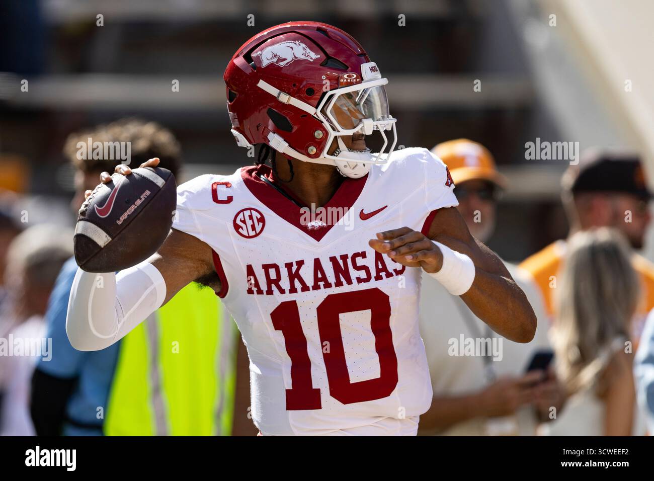 Arkansas quarterback Taylen Green (10) throws to a receiver during ...