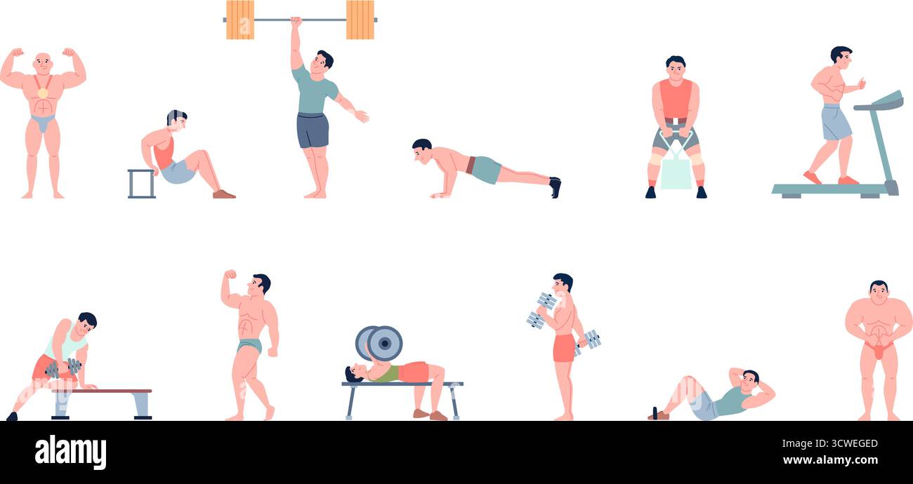Bodybuilder characters. Bodybuilders posing and training in gym. Male ...
