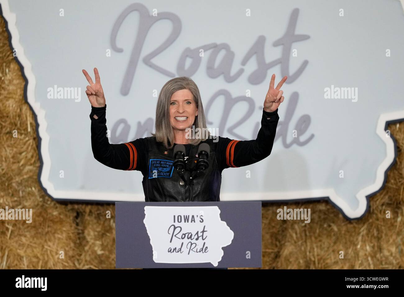Sen. Joni Ernst, R-Iowa, speaks during Iowa's Roast and Ride, Saturday ...