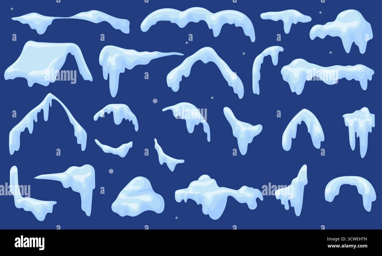 Roof snow caps. Cartoon snowy cap rooftop, snowdrift pile melt icicles ...