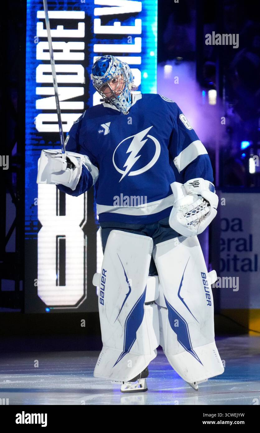 Tampa Bay Lightning goaltender Andrei Vasilevskiy before an NHL hockey ...