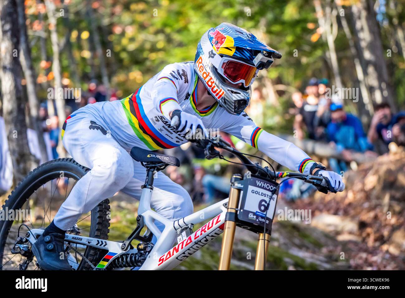Canada's Jackson Goldstone races during the Men Elite MTB Downhill World Cup race, Saturday, Oct ...