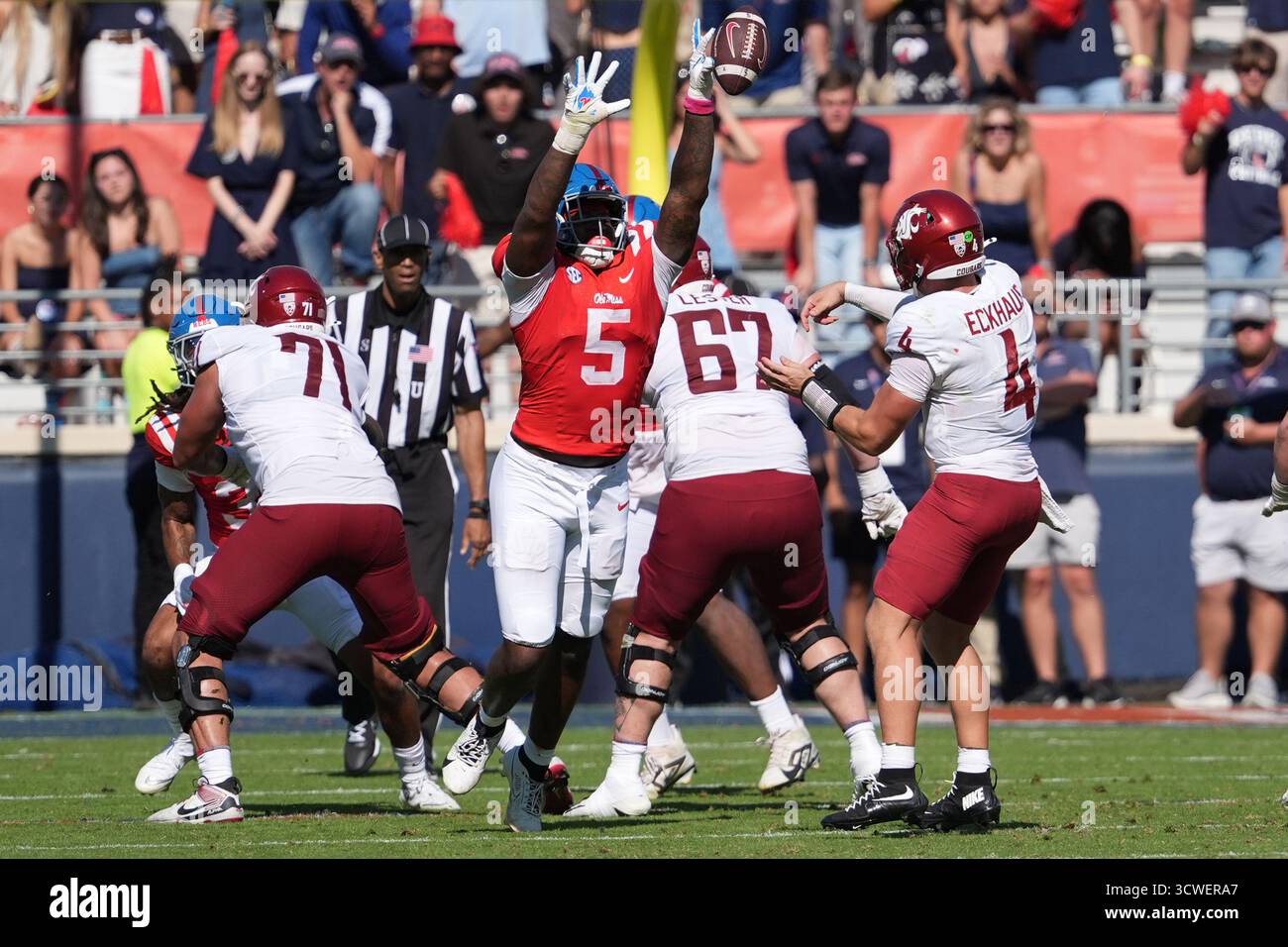 Mississippi defensive end Kam Franklin (5) blocks a pass-attempt by ...