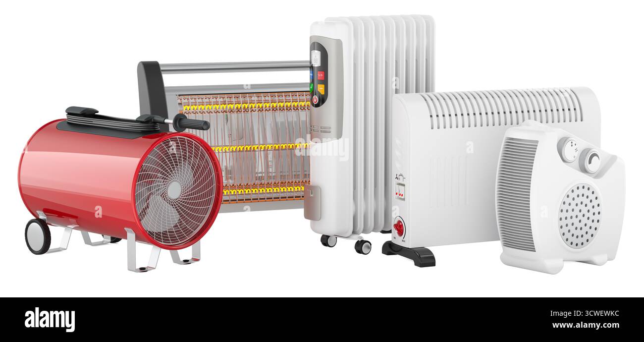 Set of different electric heaters including fan heater, infrared heater ...