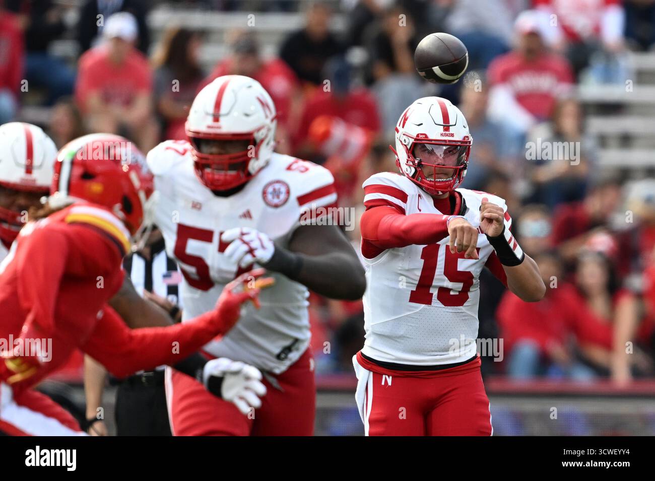 Nebraska quarterback Dylan Raiola (15) throws against Maryland during ...
