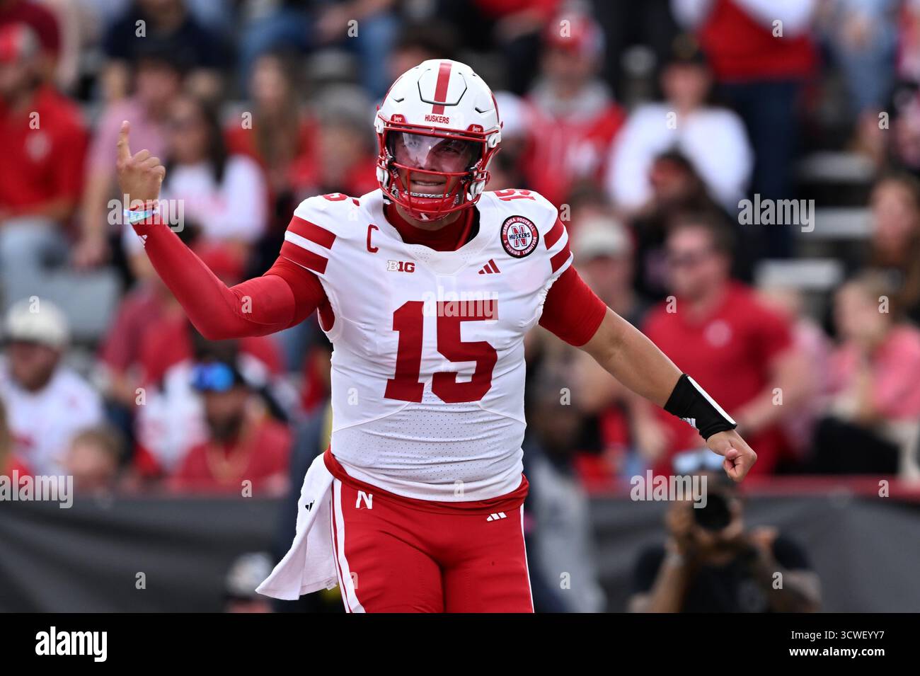 Nebraska quarterback Dylan Raiola (15 ) reacts after throwing a a pass ...