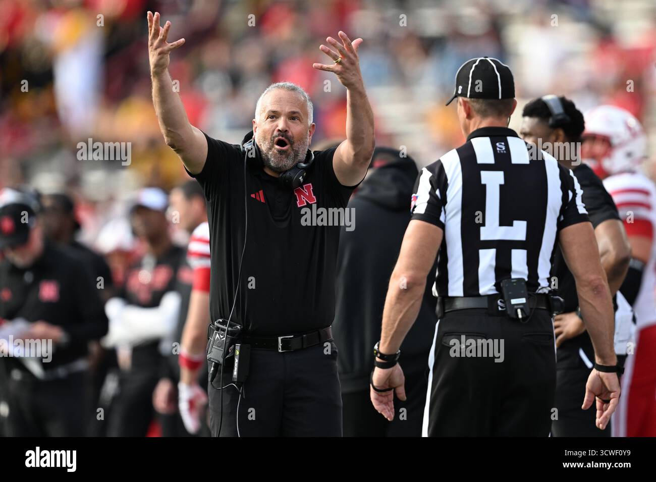 Nebraska head coach Matt Rhule talks with an official during the first ...