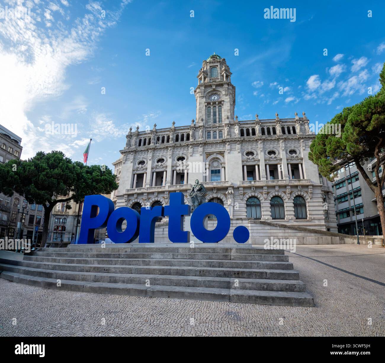 View of Porto City Hall with the iconic blue Porto sign in the ...