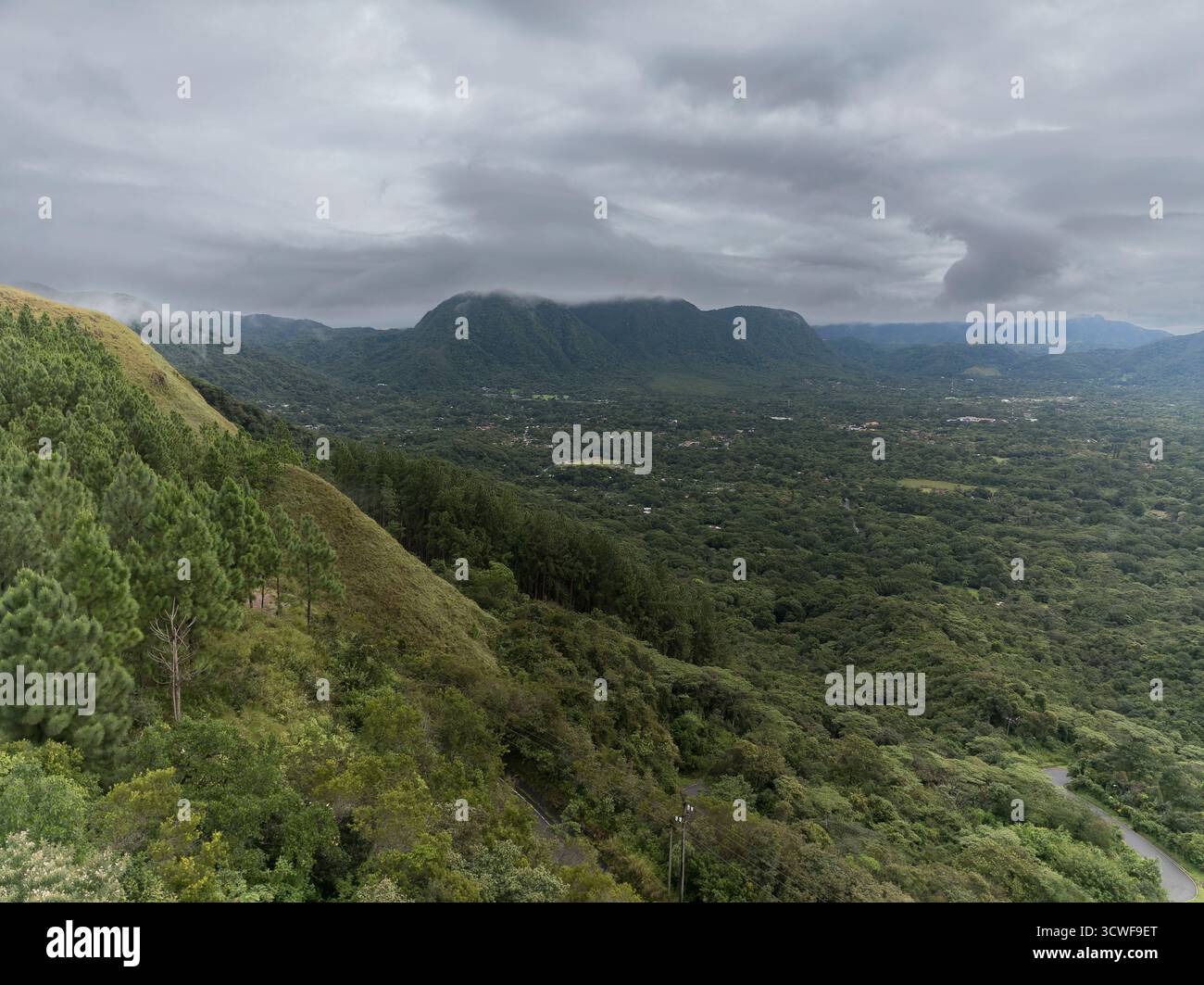 Aerial view of the Anton Valley village settled inside a huge volcano ...