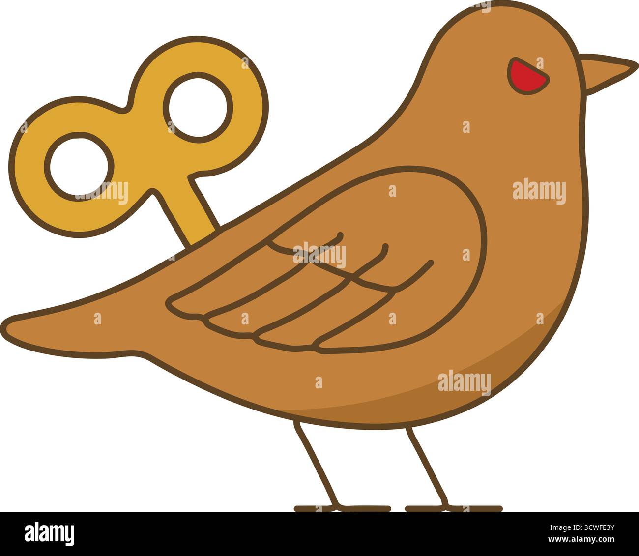 A cute mechanical bird stands on thin legs with a winding key on its ...