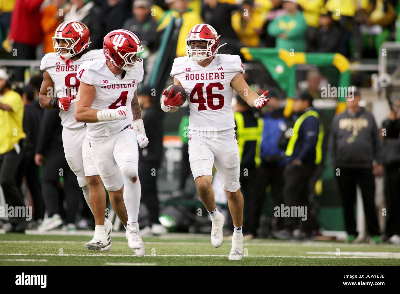 Indiana linebacker Isaiah Jones (46) celebrates after an interception ...