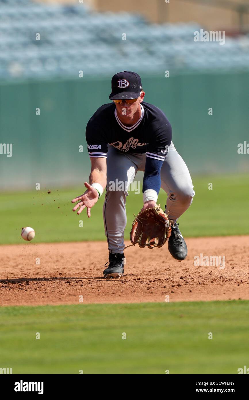 October 11, 2025: Dylan Cupp (3) Patriots infielder comes up on a ball ...