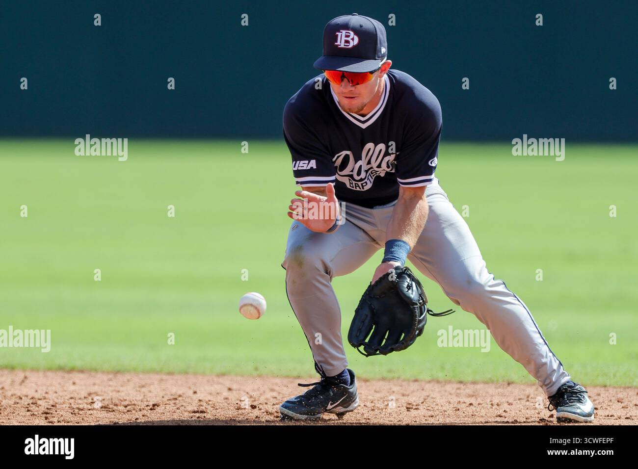 October 11, 2025: DBU infielder Keaton Grady (1) looks in a bouncing ...