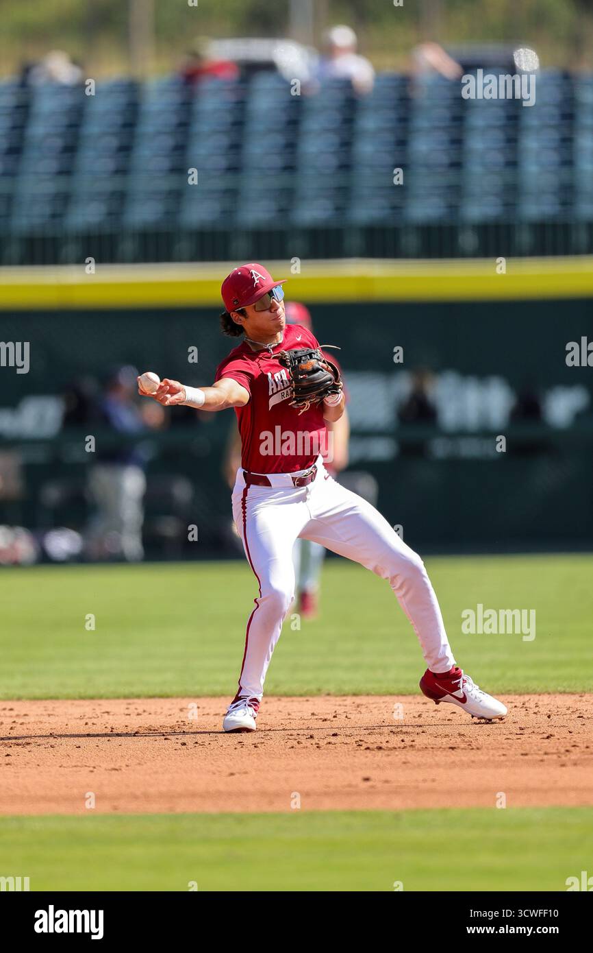 October 11, 2025: Arkansas infielder Alex under Peck (9) turns to make ...