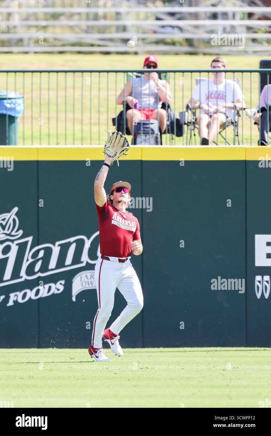 October 11, 2025: Arkansas outfielder Christian Turner (16) settles ...