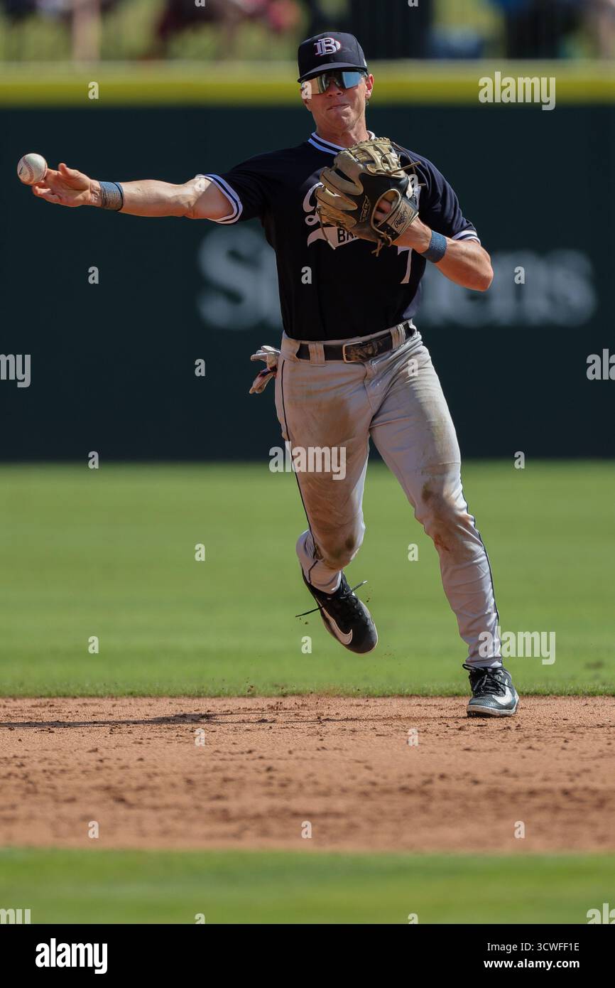 October 11, 2025: Dallas Baptist infielder Cooper Neville (7) flips a ...