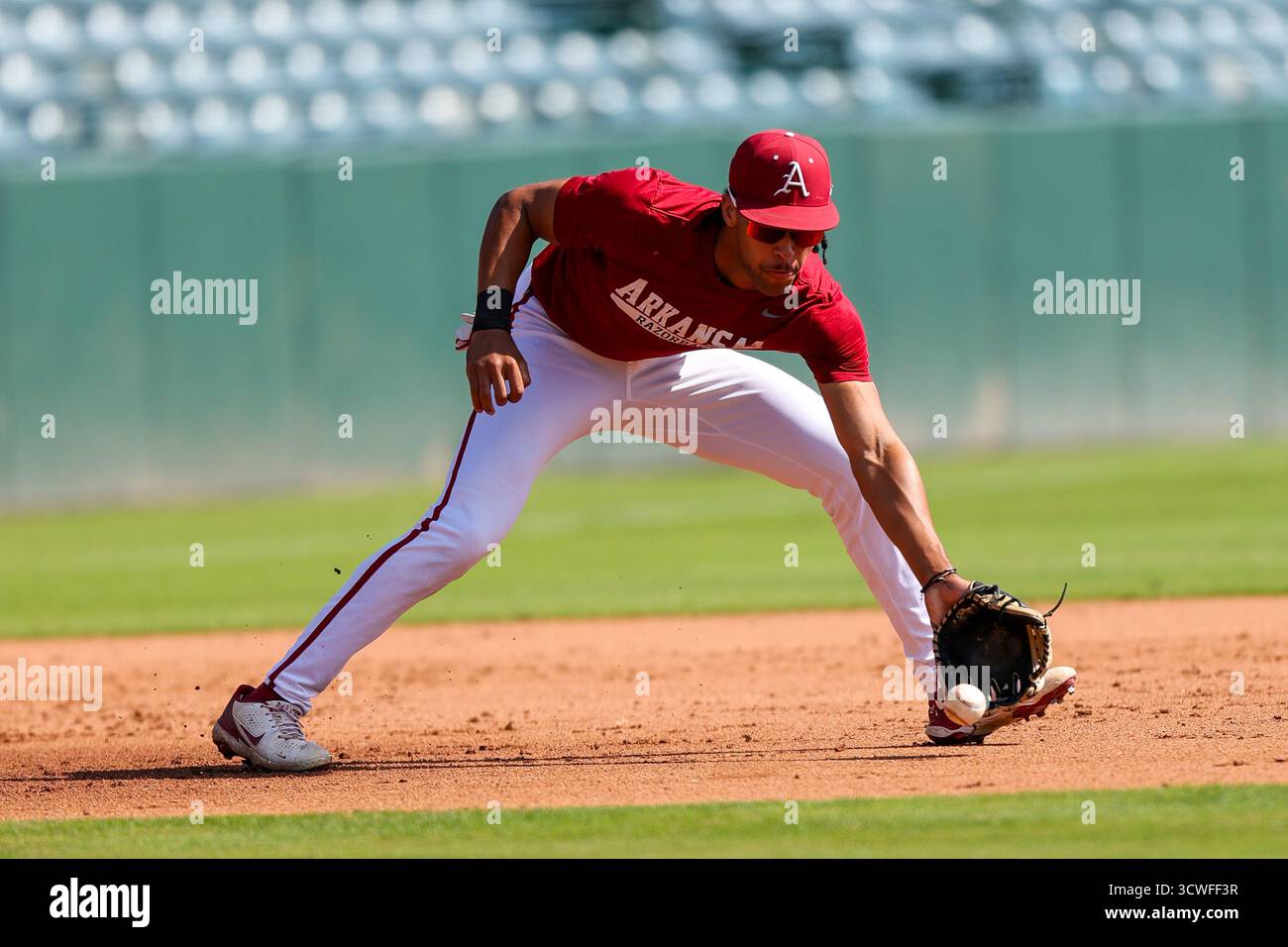 October 11, 2025: TJ Pompey (5) Arkansas infielder looks a ball hit ...