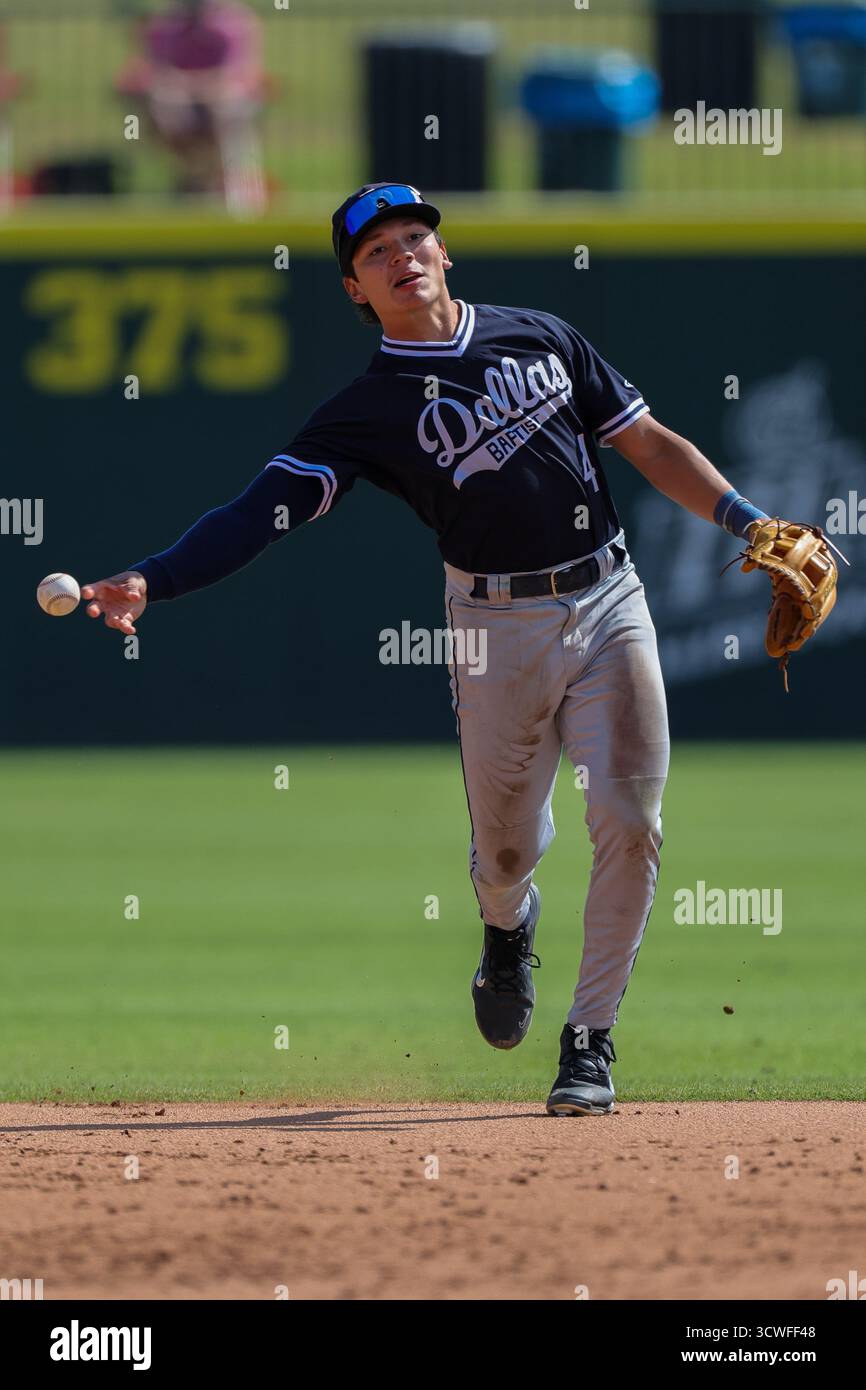 October 11, 2025: Dallas Baptist infielder Jesse Ponce (4) flips the ...