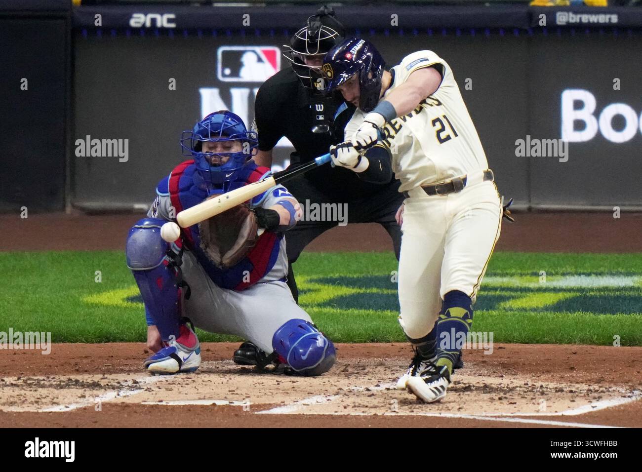 Milwaukee Brewers' Caleb Durbin hits a single during the second inning ...