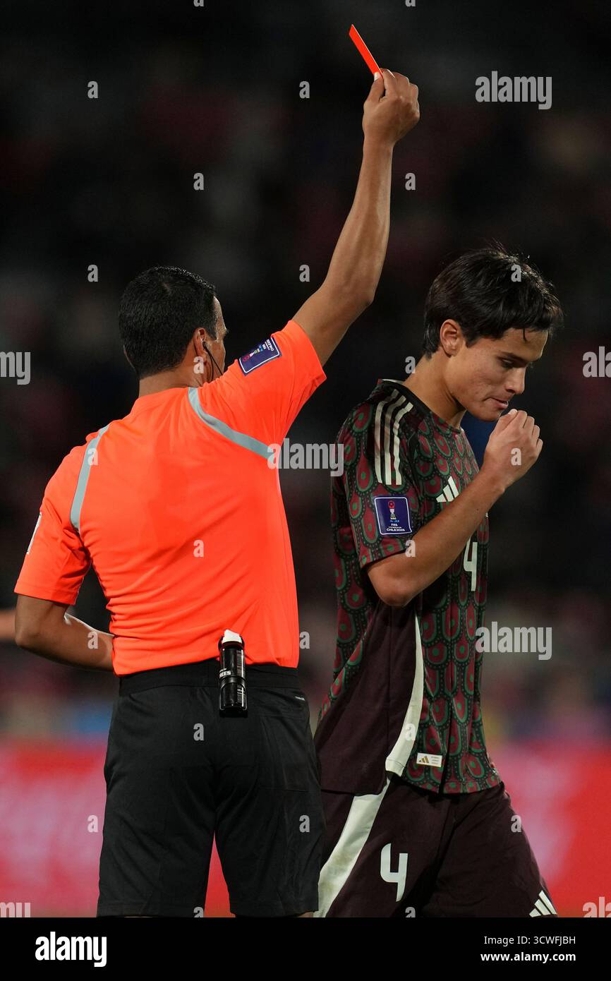 Referee Jalal Jayed shows the red card to Mexico's Diego Ochoa during a FIFA U-20 World Cup ...