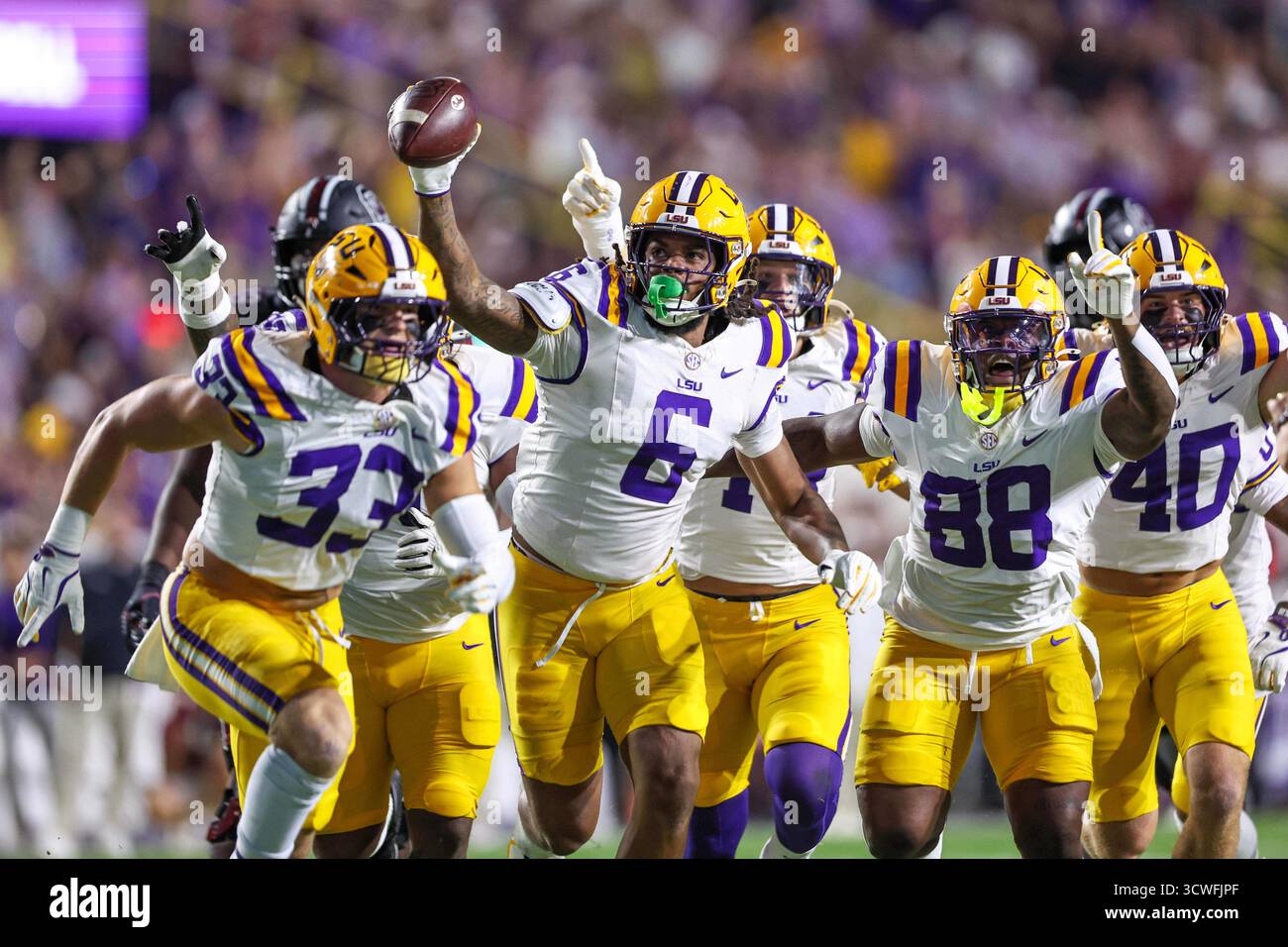 October 09, 2025: LSU defensive end Patrick Payton (6) celebrates after ...