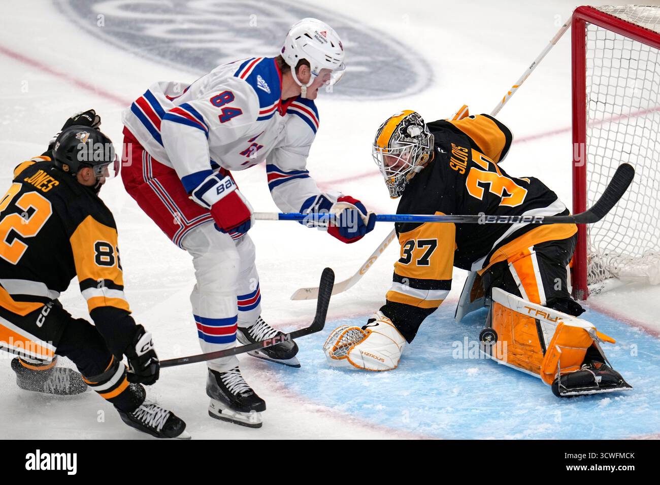 Pittsburgh Penguins goaltender Arturs Silovs (37) blocks a shot by New ...