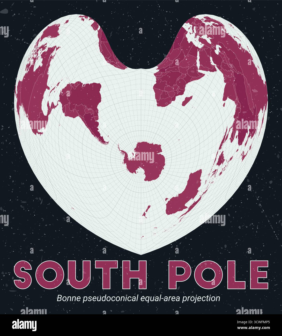 South Pole. World map. Bonne pseudoconical equal-area projection ...