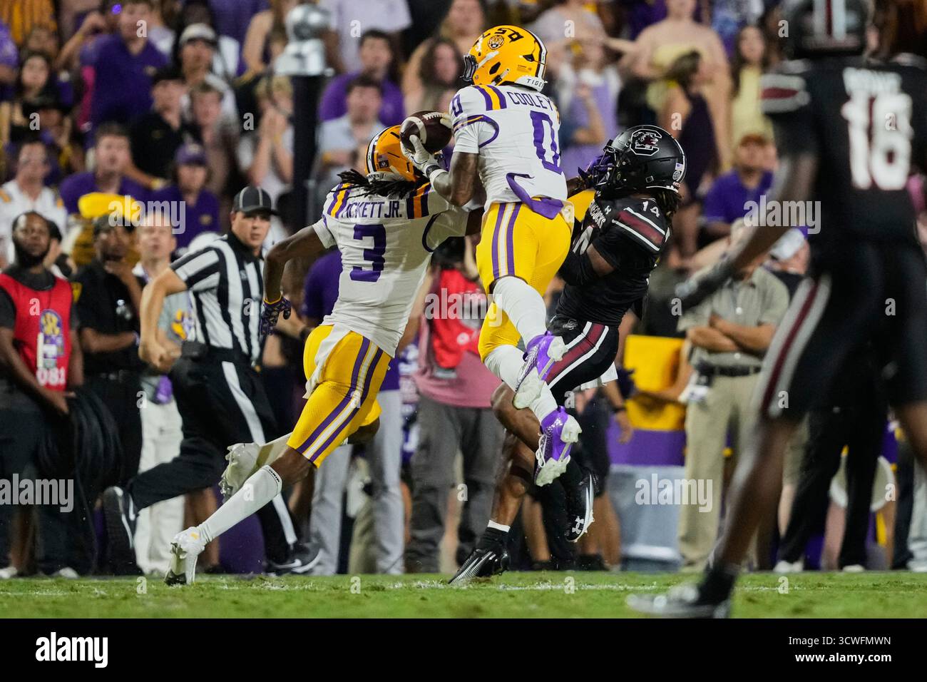 LSU safety Tamarcus Cooley (0) intercepts a pass intended for South ...