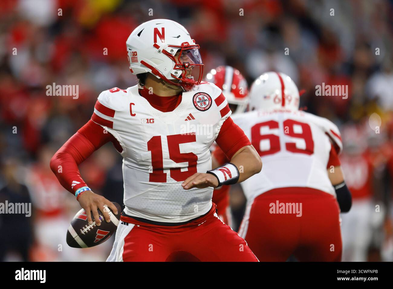Nebraska quarterback Dylan Raiola (15) looks to pass during the second ...
