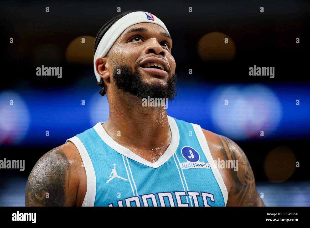Charlotte Hornets forward Miles Bridges (0) looks to the video board ...