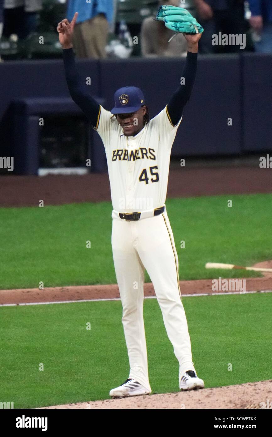 Milwaukee Brewers' Abner Uribe celebrates after winning Game 5 of ...