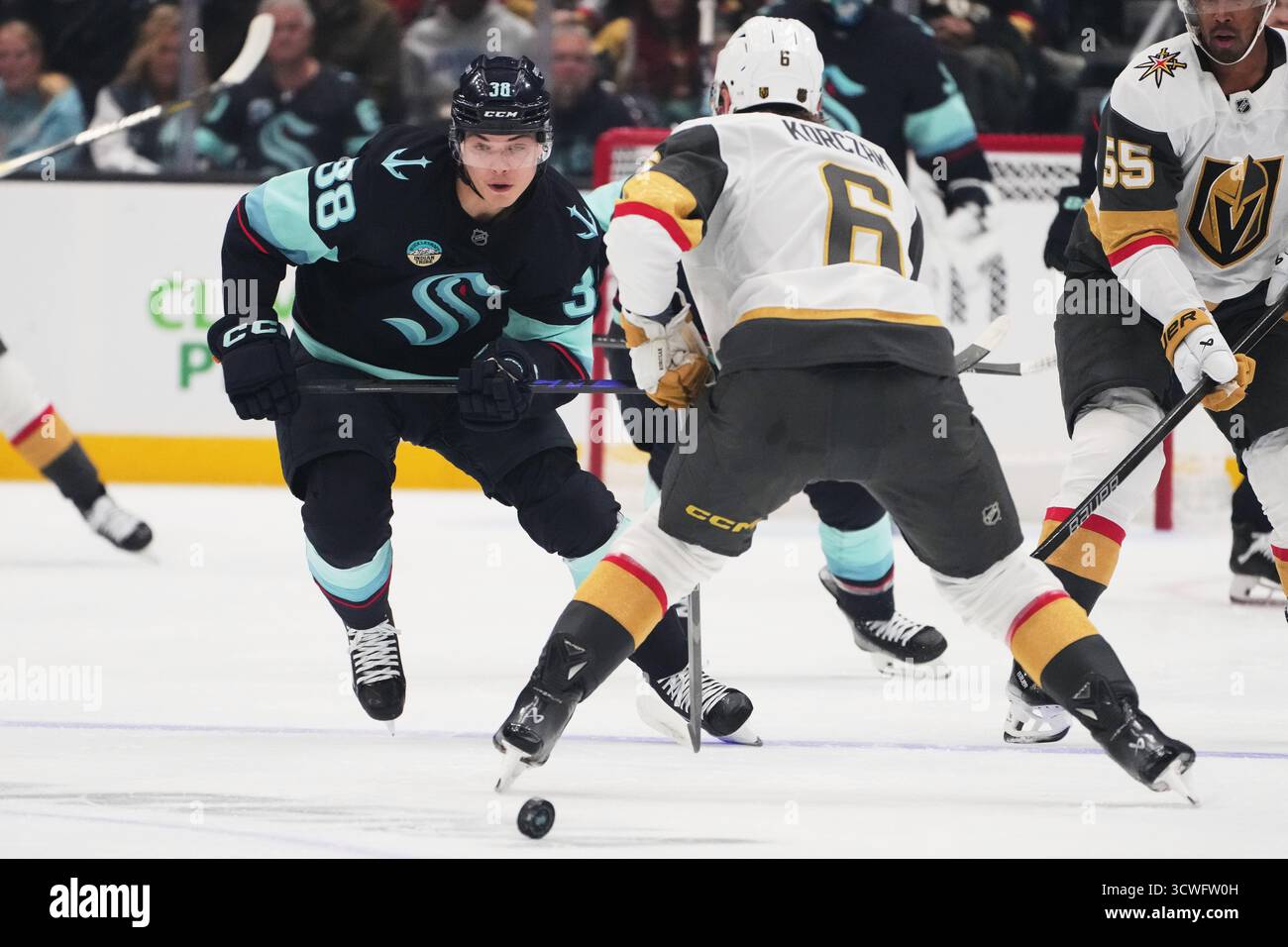 Seattle Kraken right wing Jani Nyman (38) looks on against Vegas Golden ...