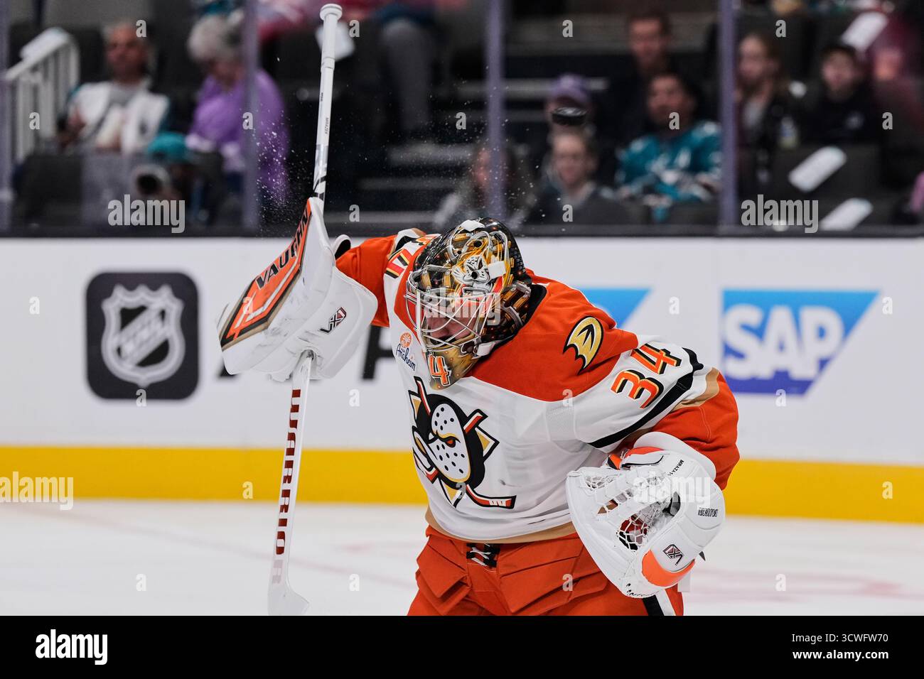 Anaheim Ducks goaltender Petr Mrazek (34) deflects a shot during the ...